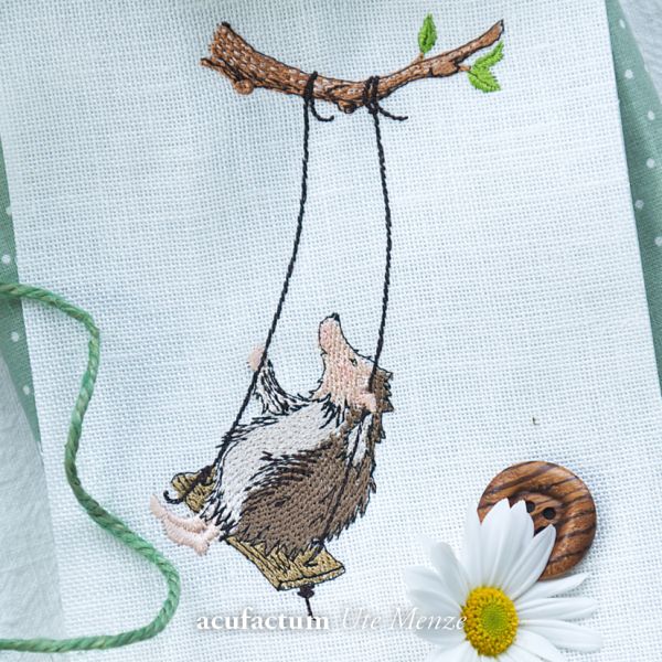 Acufactum MACHINE EMBROIDERY FILE - Hedgehog on the Swing - Willow Cottage Quilt Co